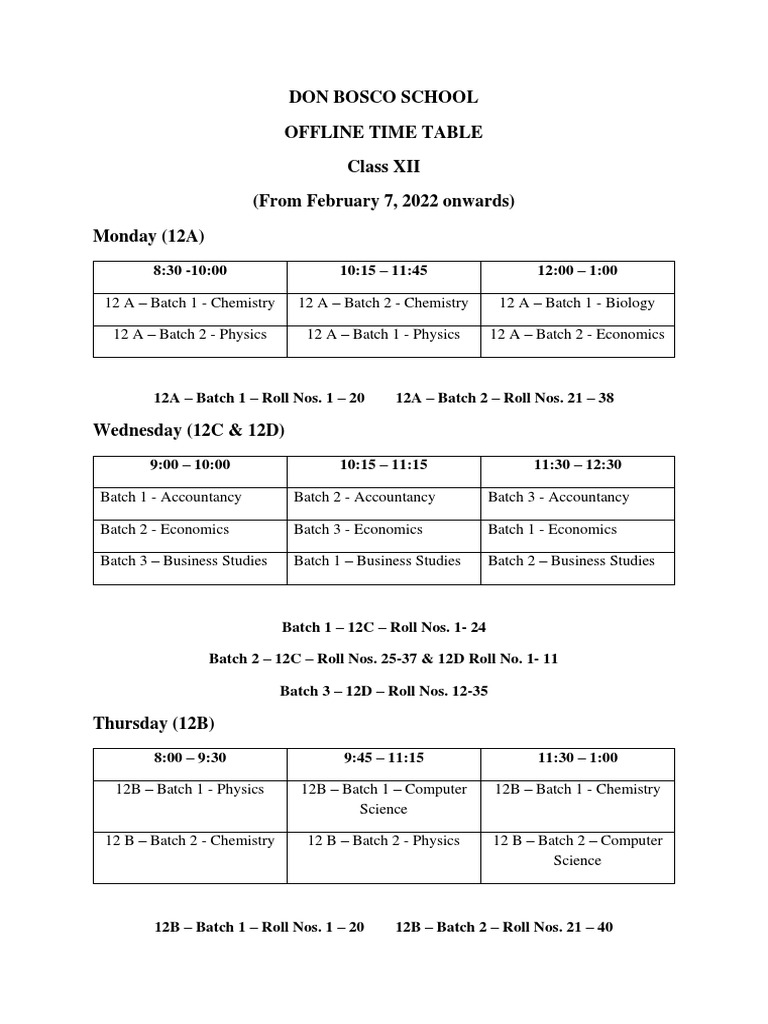 Offline Time Table - Class X & XII | PDF
