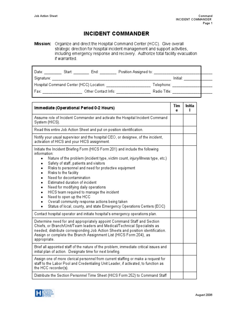 Incident Commander: Mission: Organize and Direct The Hospital Command ...