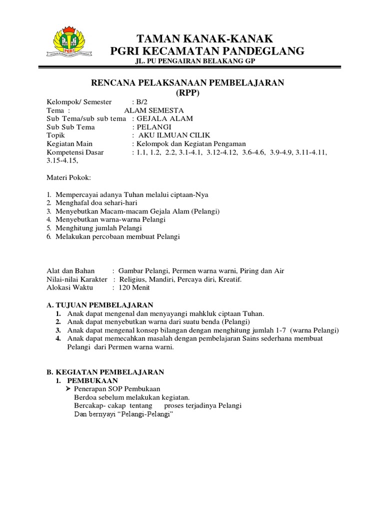 RPPH Tema Alam Semesta dan Pelangi | PDF