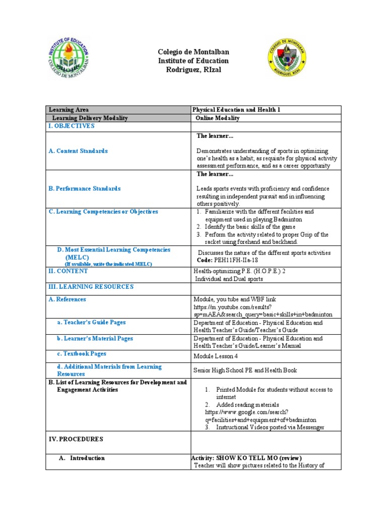 Peh Lesson Plan | PDF | Learning | Cognition