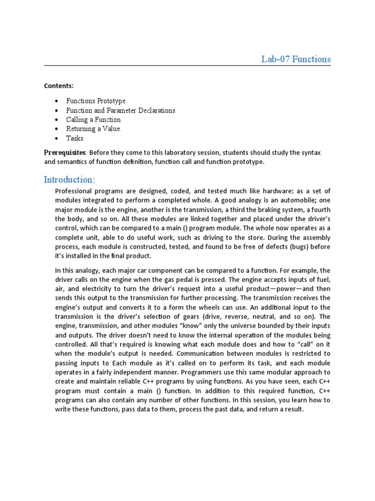 Lab 07 Functions Contents Pdf Parameter Computer Programming Subroutine 3378