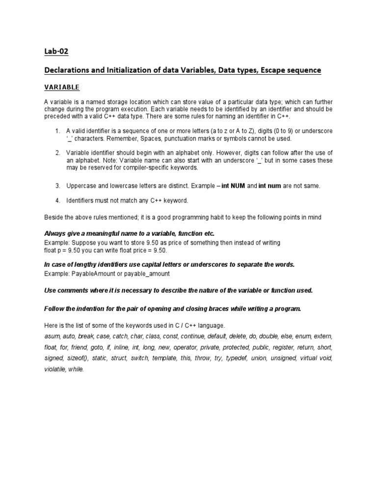 Lab 02 Declarations And Initialization Of Data Variables Data Types Escape Sequence Pdf 0171
