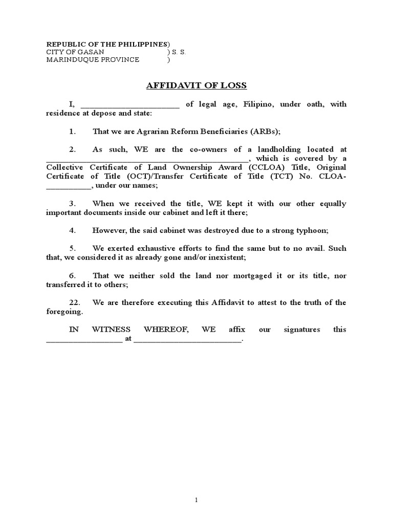 AFFIDAVIT OF LOSS (MULTIPLE SIGNATORIES) | PDF