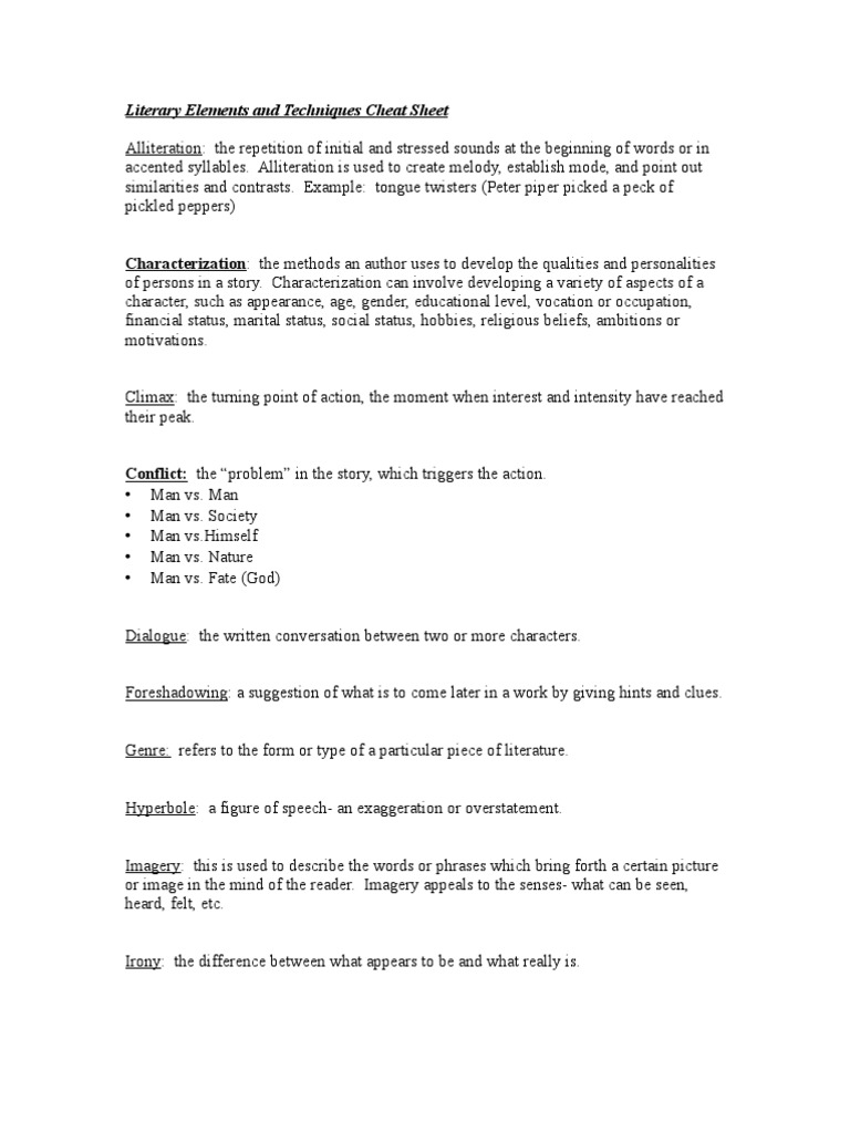 Literary Elements Cheat Sheet | PDF | Narration | Cognitive Science