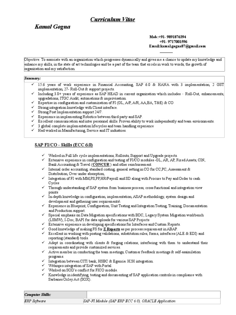 Curriculum Vitae Kamal Gogna: SAP FI/CO - Skills (ECC 6.0) | PDF ...