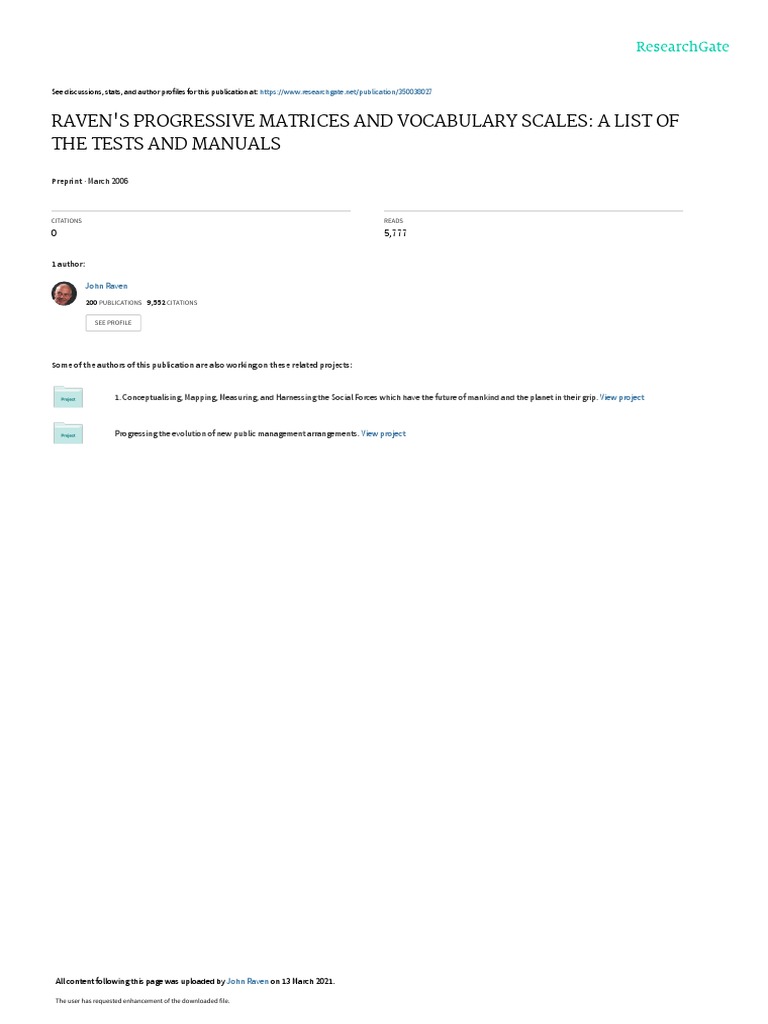 Raven'S Progressive Matrices and Vocabulary Scales: A List of The Tests ...