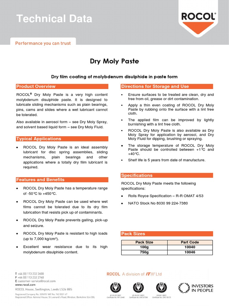 Rocol Dry Moly Paste (Ex ASP) | PDF | Manufactured Goods | Mechanical ...