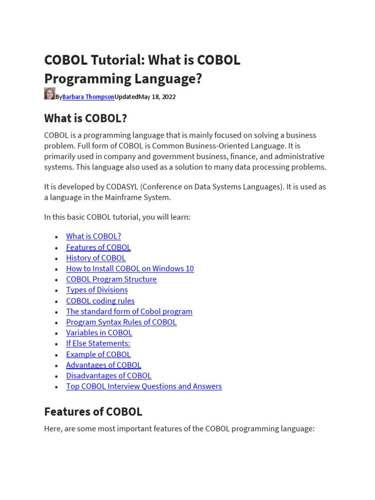 COBOL Tutorial: What Is COBOL Programming Language? | PDF | Computer ... COBOL Tutorial: What Is COBOL Programming Language? | PDF | Computer ...