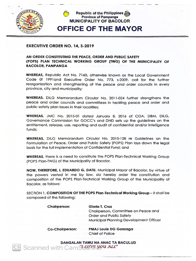 Executive Order No 14 Series of 2019 An Order Constituting The Peace ...