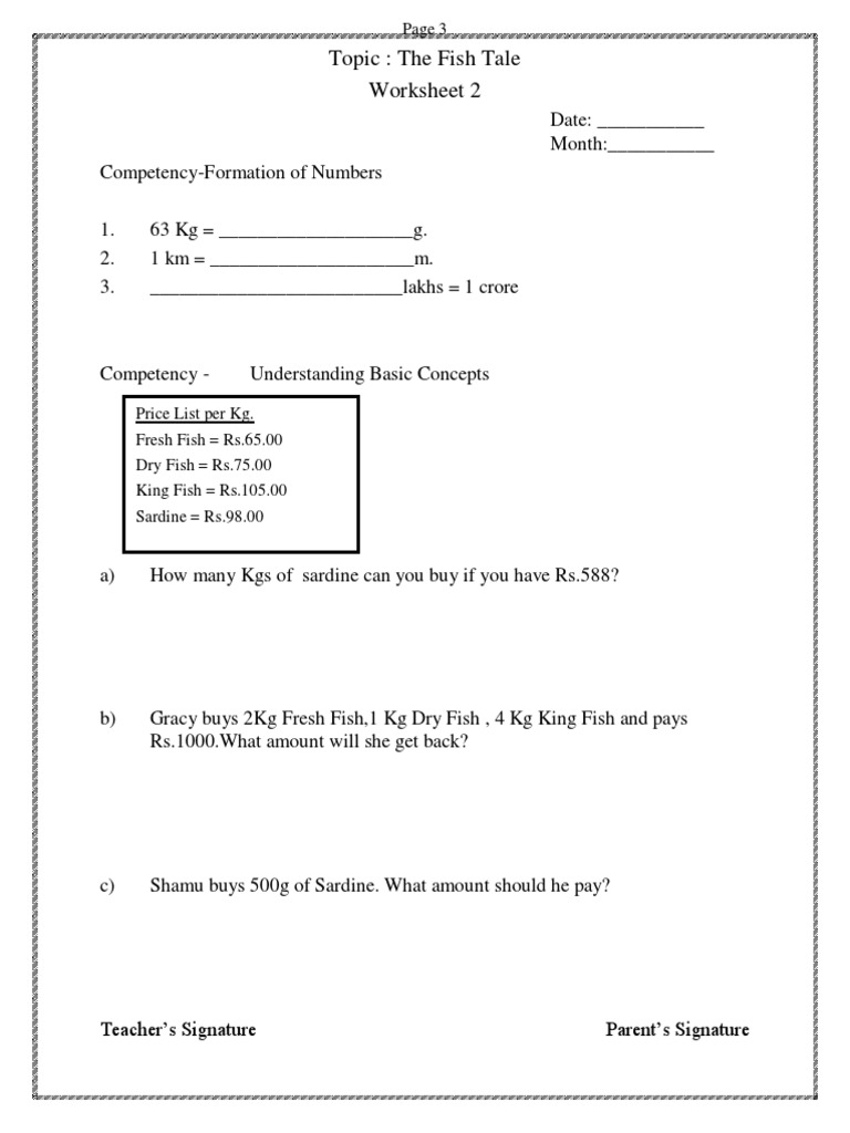 CBSE Class 5 Maths Worksheet-The Fish Tale | PDF