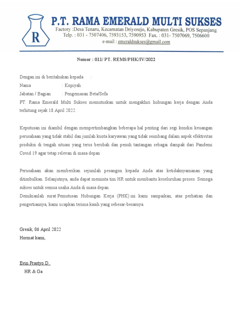 Surat PHK | PDF | Karier & Perkembangan | Bisnis