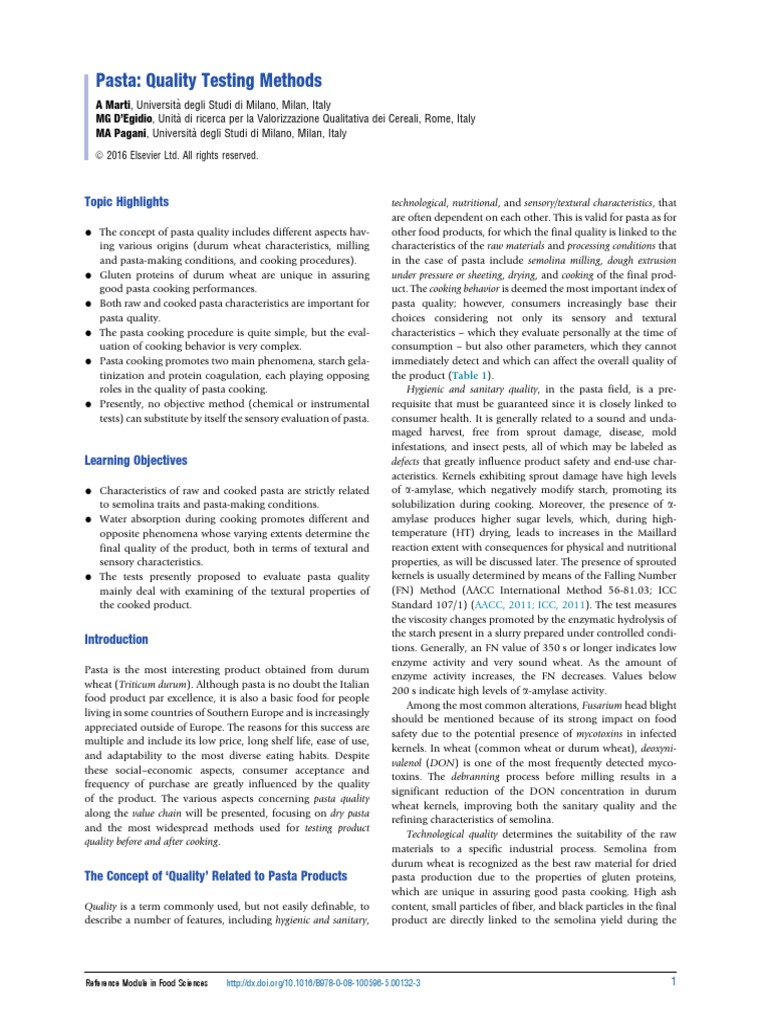 Pasta Quality Testing Methods Explained | PDF | Pasta | Wheat