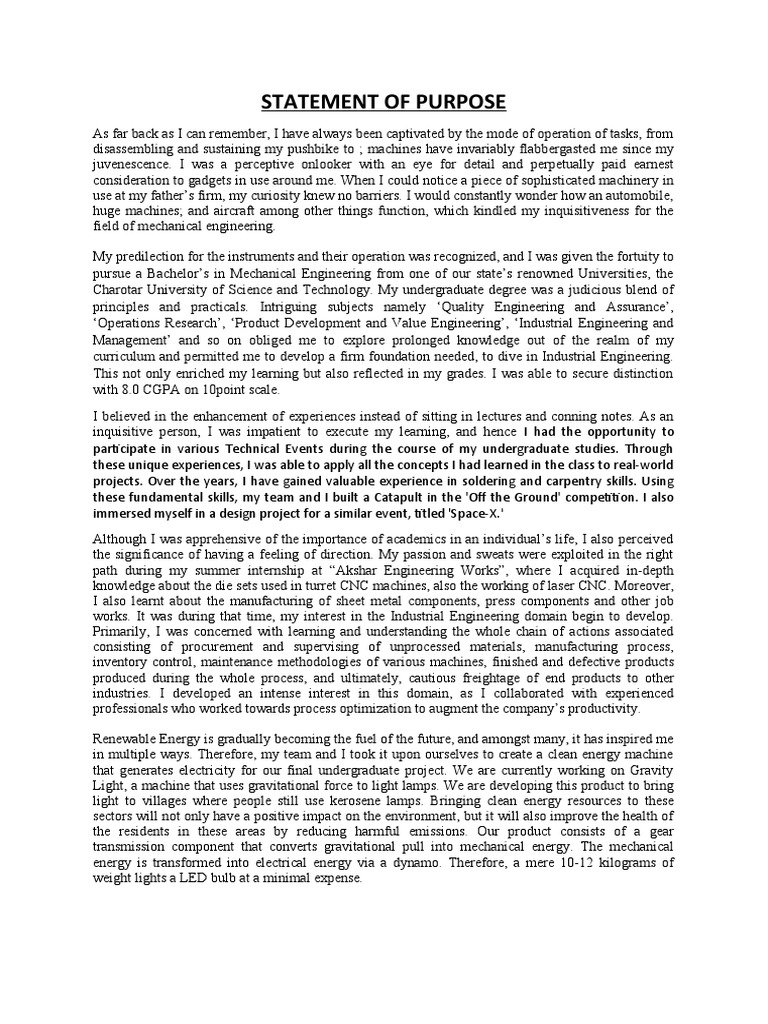 Statement of Purpose for Master's in Industrial Engineering | PDF ...
