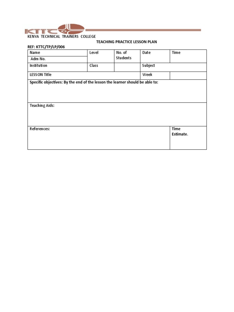 Teaching Practice Lesson Plan REF: KTTC/TP/LP/006 | PDF | Career & Growth