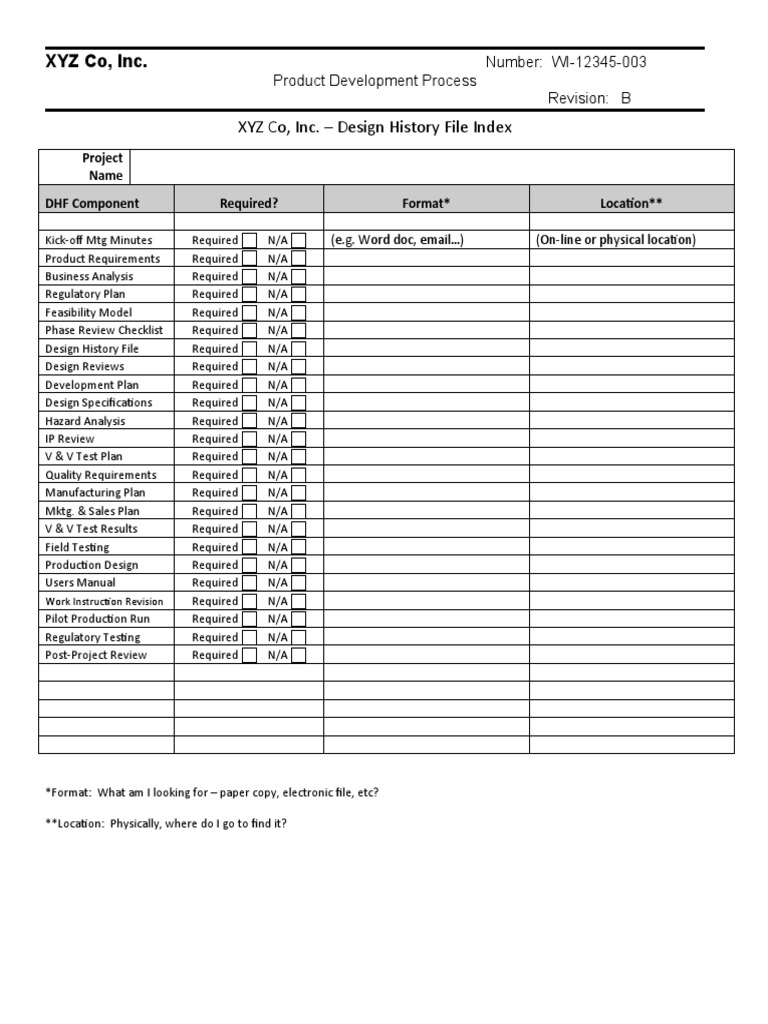 XYZ Co, Inc. - Design History File Index | PDF
