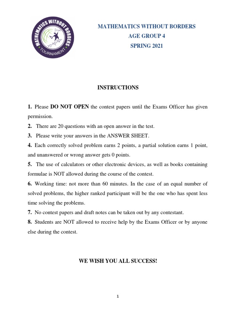 Mathematics Without Borders Age Group 4 SPRING 2021: Permission | PDF | Triangle | Length