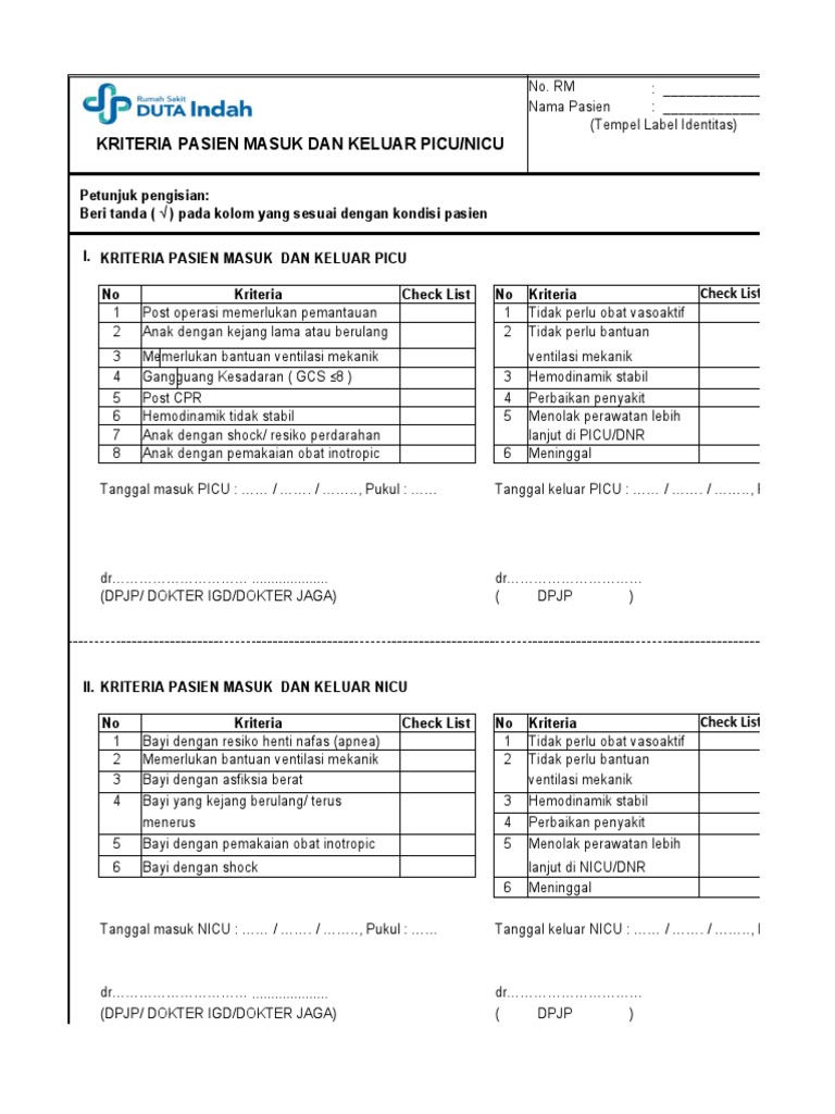 Kriteria Masuk & Keluar Picu Nicu 2022 | PDF