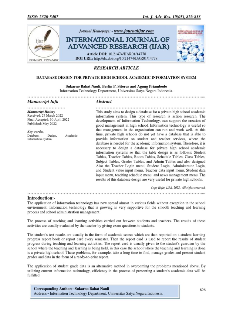 Database Design For Private High School Academic Information System