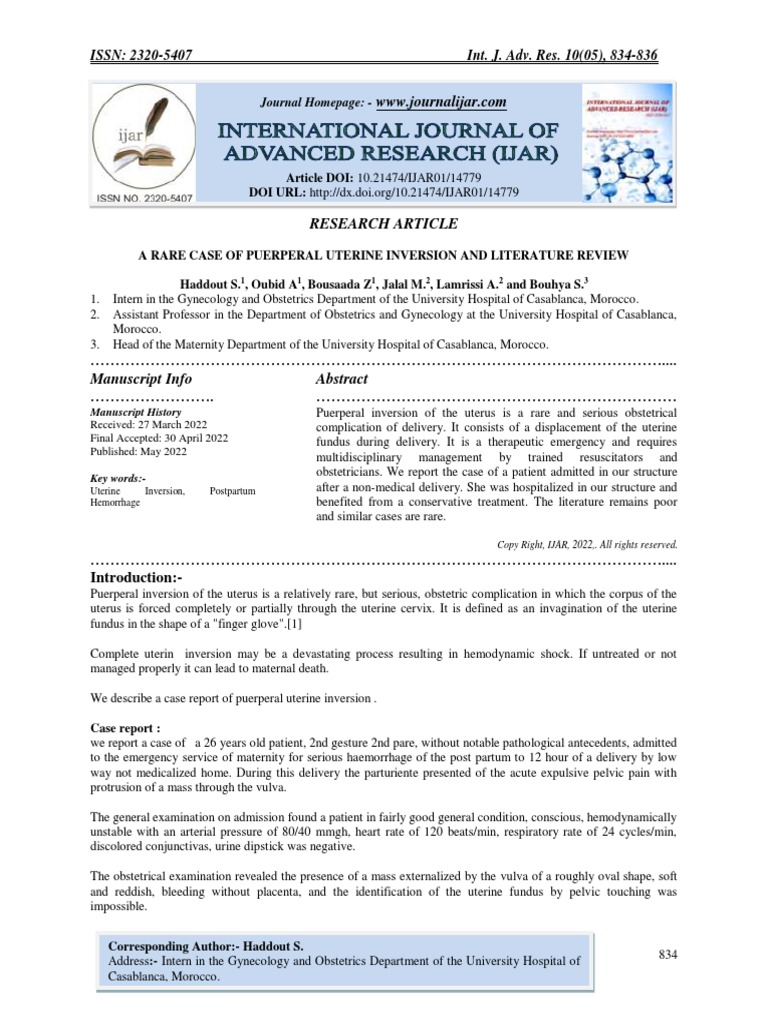 A Rare Case Of Puerperal Uterine Inversion And Literature Review Pdf Uterus Postpartum Period