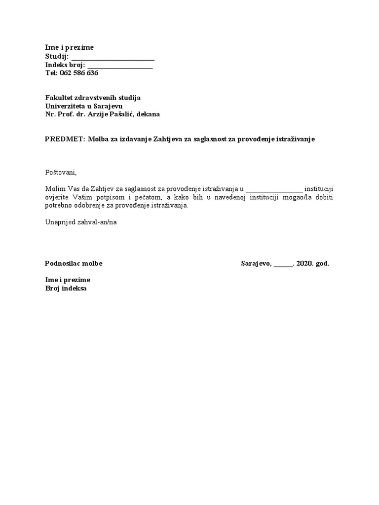 Molba Za Izdavanje Zahtjeva Za Saglasnost 1 | PDF