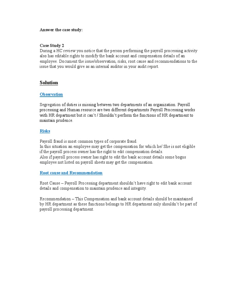 Segregation of duties issue in payroll processing | PDF | Internal Audit | Audit