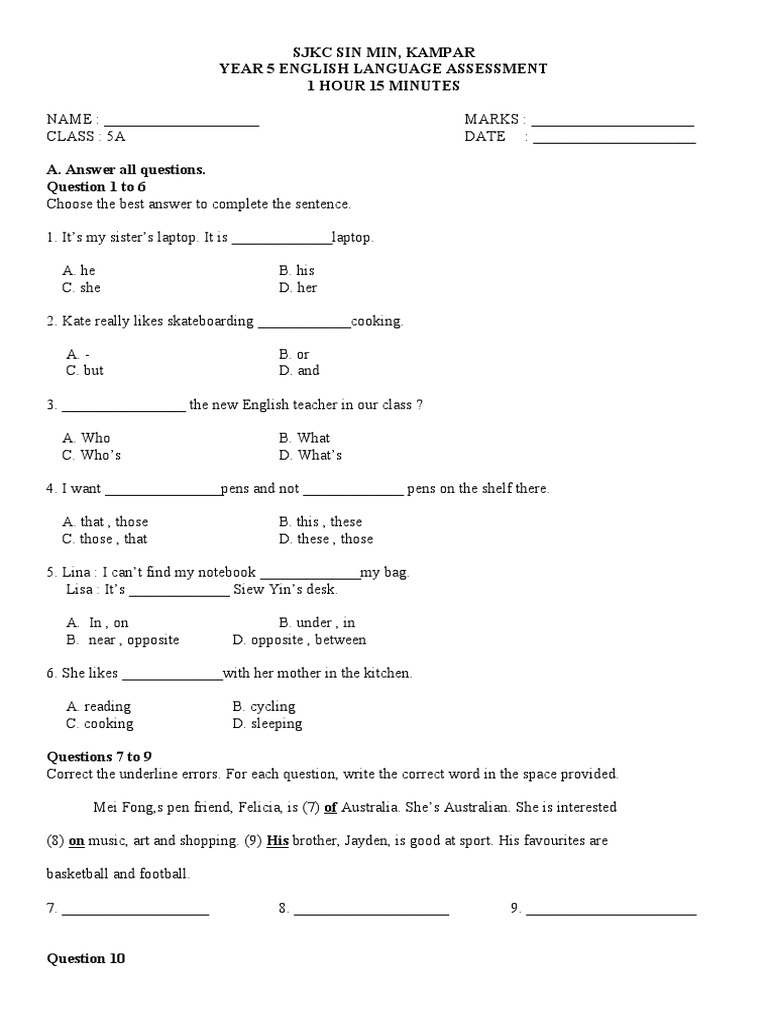 Year 5 English Language Assessment | PDF | Vegetables