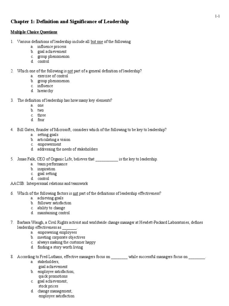 Chapter 1: Definition and Significance of Leadership: Multiple Choice ...