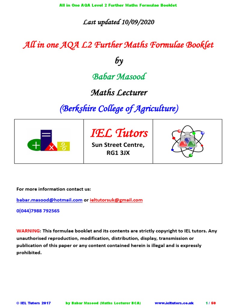 All in One L2 Further Maths Formulae Booklet | PDF | Quadratic Equation | Area
