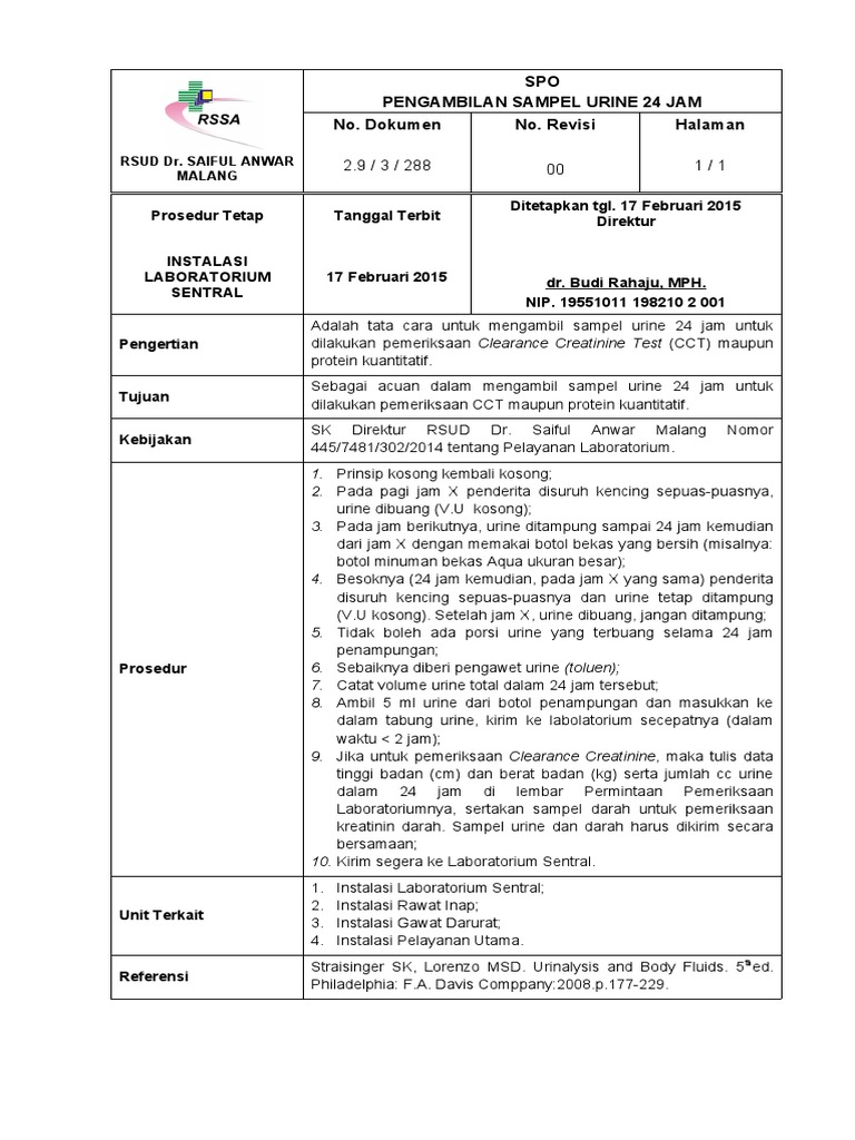 2.9-3-288 Spo Pengambilan Sampel Urine 24 Jam | PDF