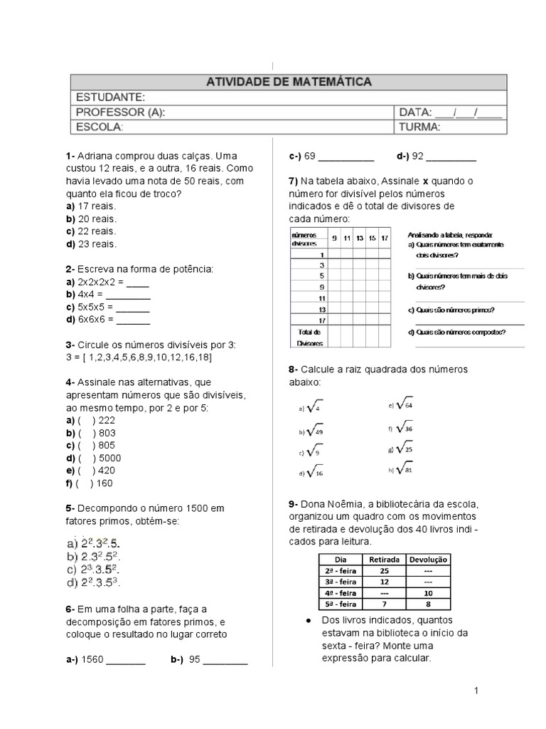 Atividade Matemática 6° Ano | PDF
