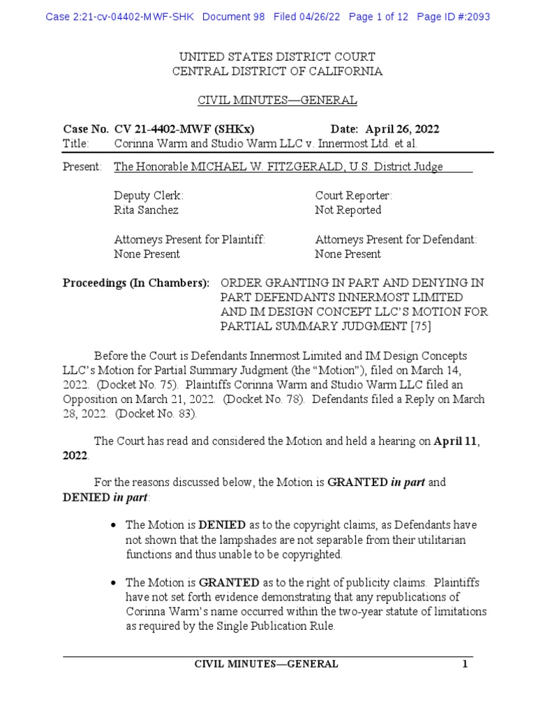 Warm v. Innermost - Order On MTD | PDF | Summary Judgment | Burden Of Proof (Law)