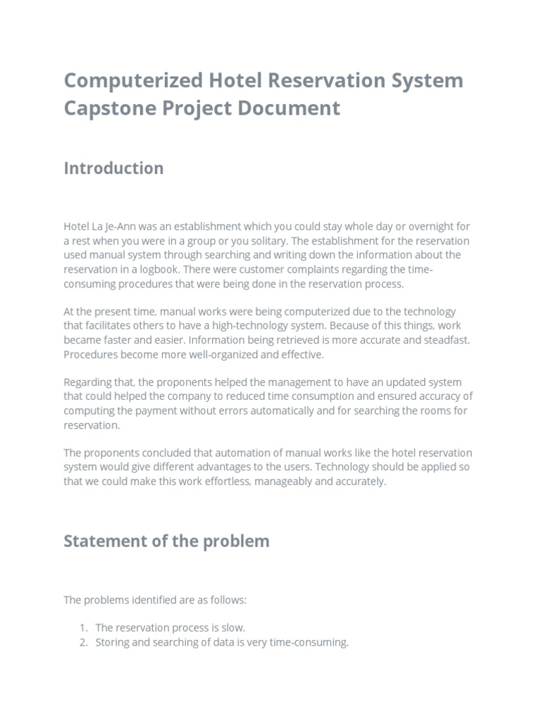 Computerized Hotel Reservation System Capstone Project Document | PDF | Software Development ...