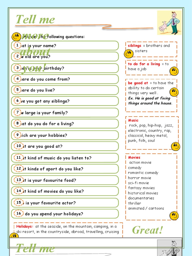 Tell Me More About You!: Great! | PDF | Performing Arts | Entertainment