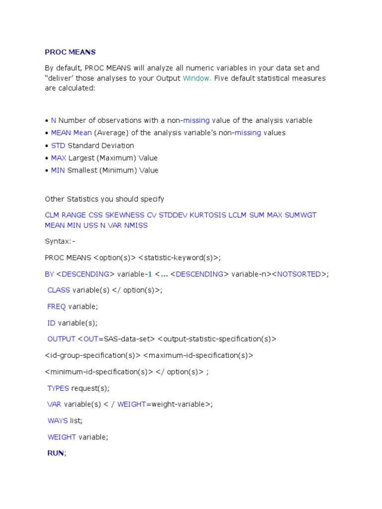 Proc Means Freq Corr Regression Annova Pdf Parameter Computer Programming Sas Software 