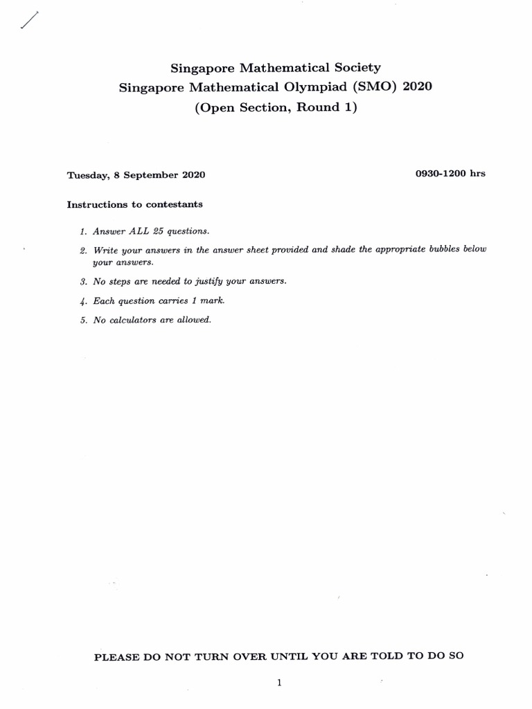 Open Section - First Round - SMO Singapore Mathematical Olympiad 2020 | PDF