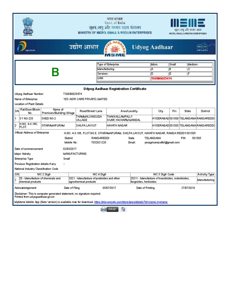 Udyog Aadhaar Registration Certificate | PDF | Agricultural Chemicals ...