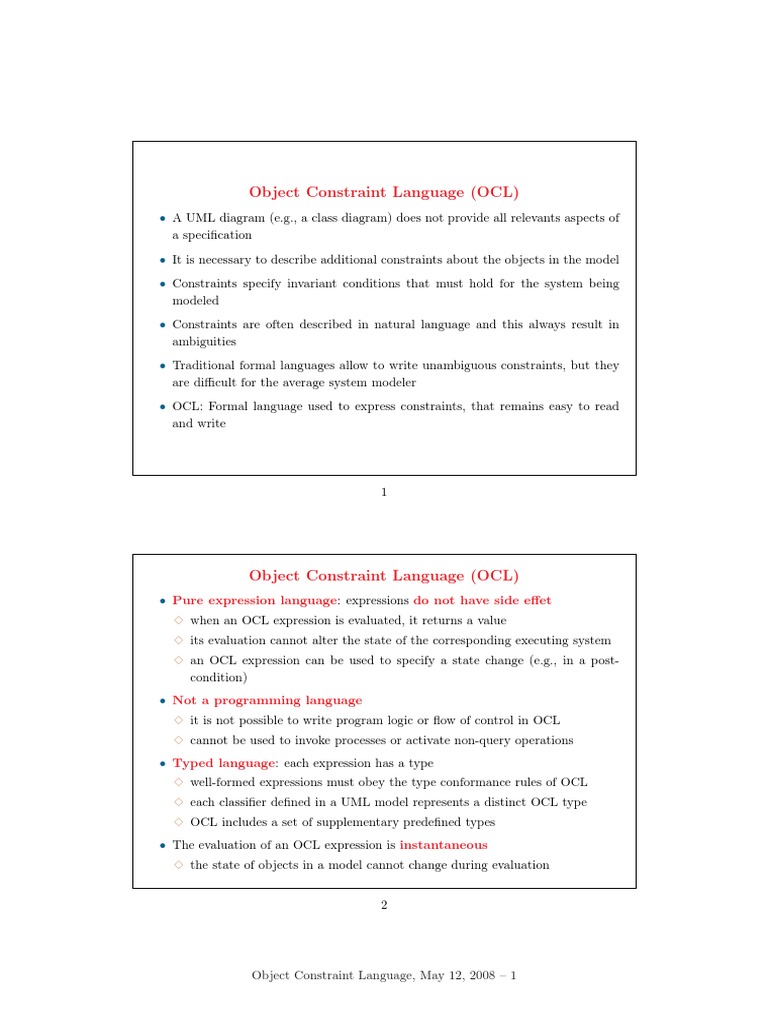 Object Constraint Language Ocl Pure Expression Language Do Not Have Side Effet Pdf