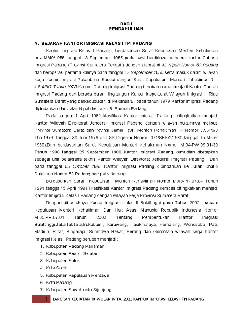 Sejarah Kantor Imigrasi Kelas 1 Tpi Padang | PDF