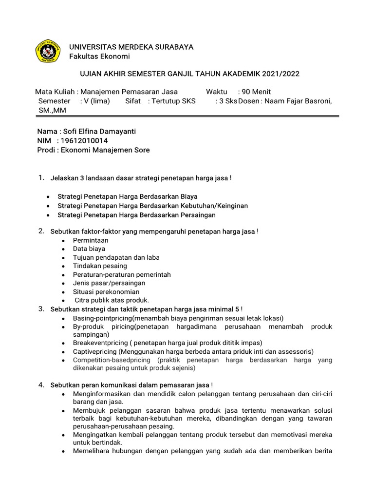 Soal UAS Manajemen Pemasaran Jasa | PDF