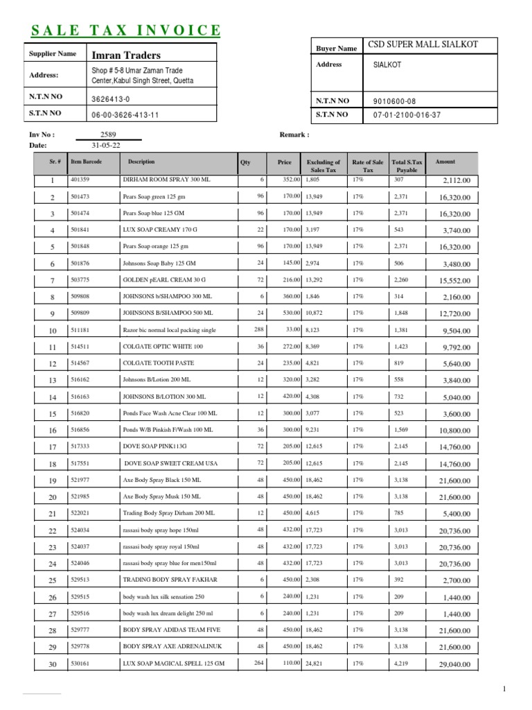 Sale Tax Invoice: Imran Traders | PDF | Personal Hygiene Products | Cleaning Products