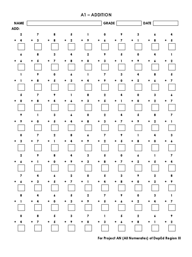 A1 - Addition: Name Grade Date Add | PDF | Mathematics | Arithmetic