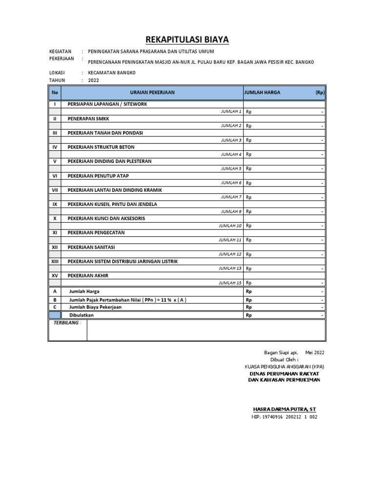 BOQ MASJID ANNUR JL. Pulau Baru | PDF