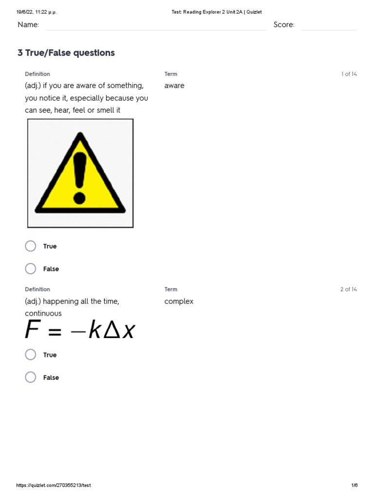 Test - Reading Explorer 2 Unit 2A - Quizlet | PDF | Cognitive Science ...