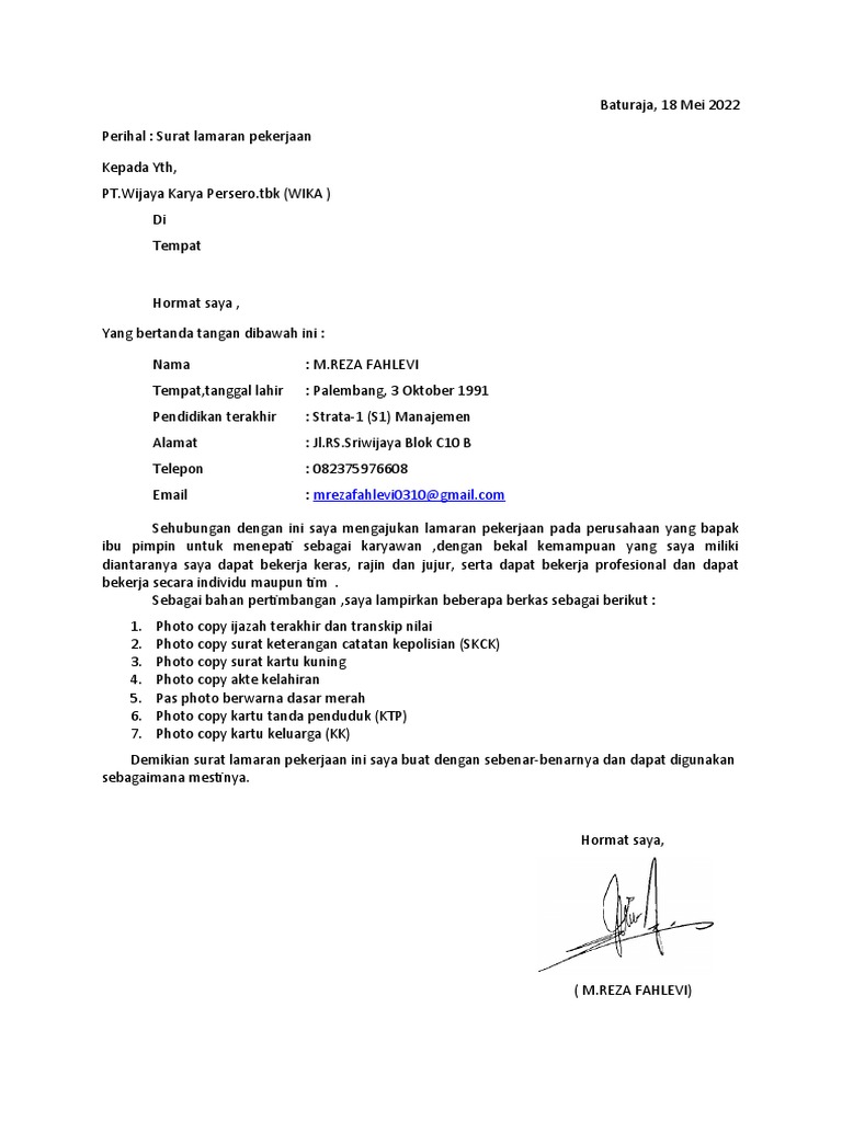 Surat Lamaran Reza Fahlevi 1 | PDF