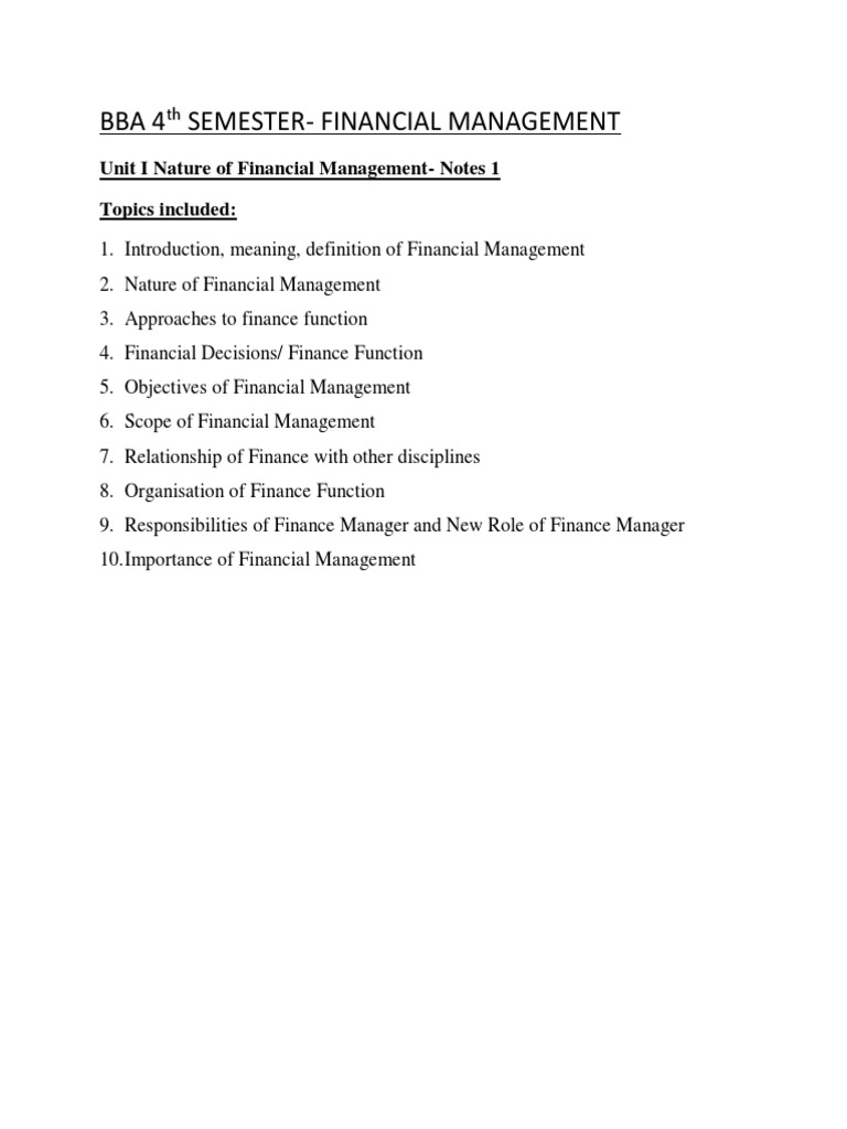 Bba 4 Semester-Financial Management: Unit I Nature of Financial ...