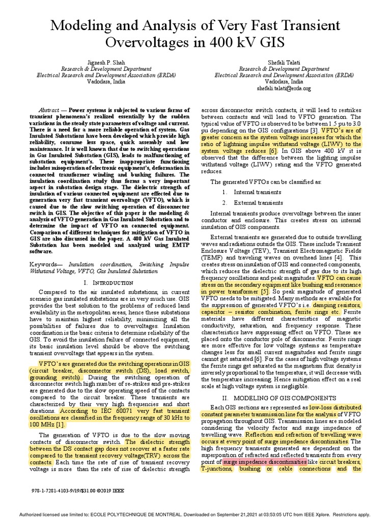 Modeling and Analysis of Very Fast Transient Overvoltages in 400 KV GIS | PDF | Transmission ...
