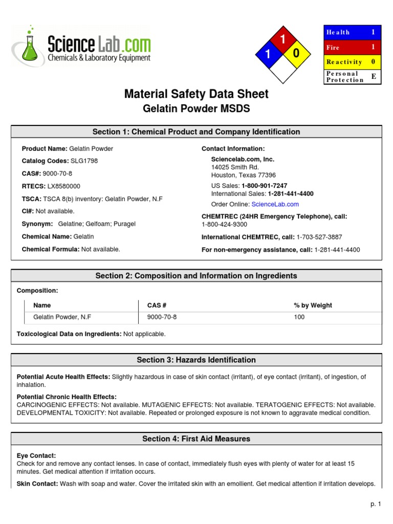 Gelatin Powder MSDS: Section 1: Chemical Product and Company ...