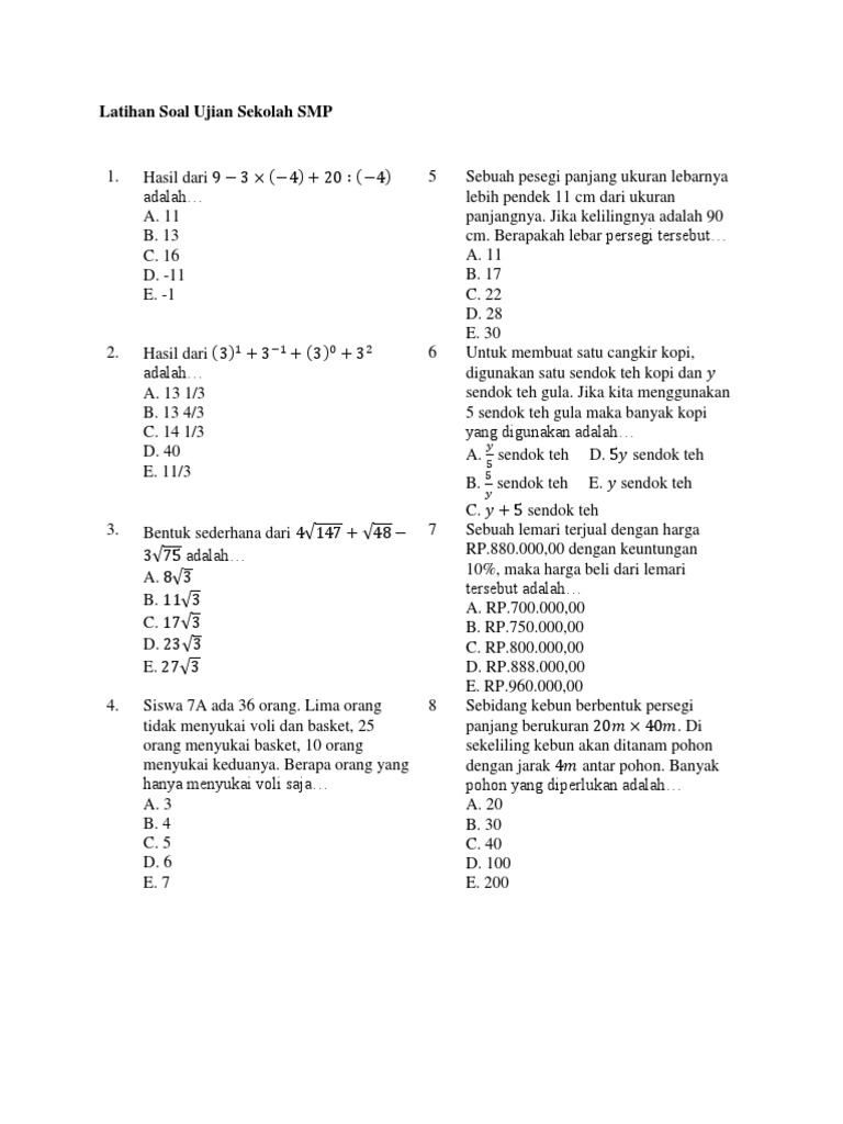Latihan Soal Ujian Sekolah SMP | PDF