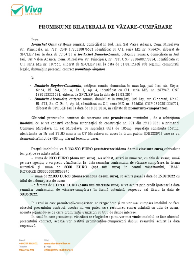 Promisiune Bilalaterala de Vanzare Cumparare Iordachel-Dumitriu | PDF