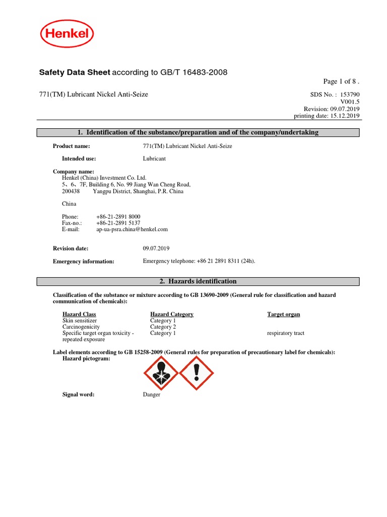 Safety Data Sheet: According To GB/T 16483-2008 | PDF | Toxicity ...